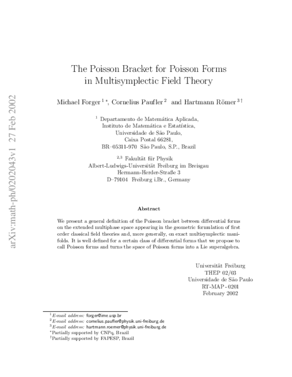 (PDF) The Poisson Bracket for Poisson Forms in Multisymplectic Field Theory