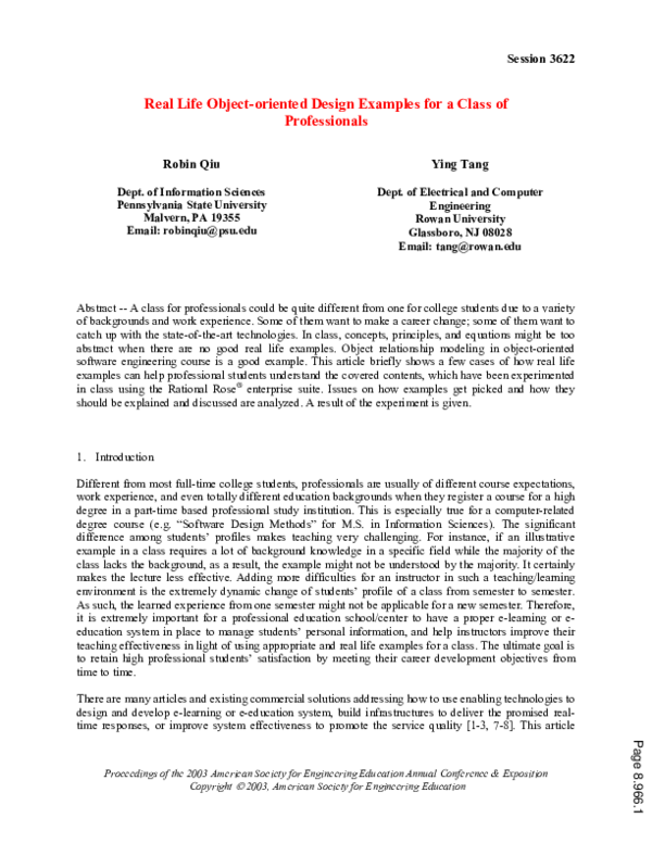 (PDF) Real Life Object Oriented Design Examples For A Class Of ...