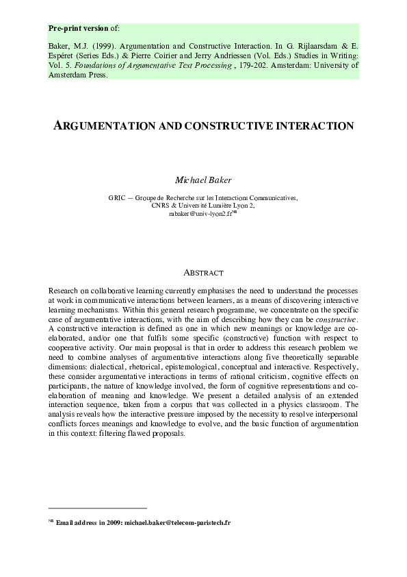 (PDF) Argumentation and Constructive Interaction
