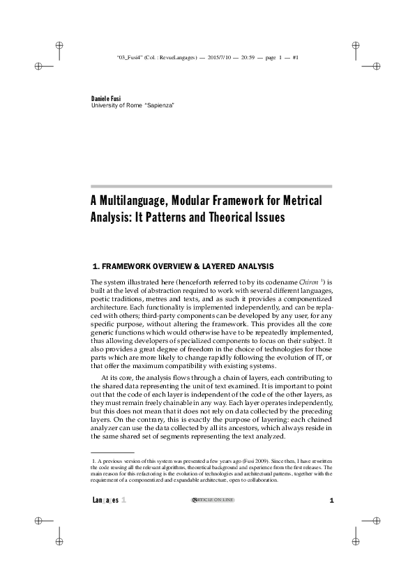 (PDF) A Multilanguage, Modular Framework for Metrical Analysis: It Patterns and Theorical Issues