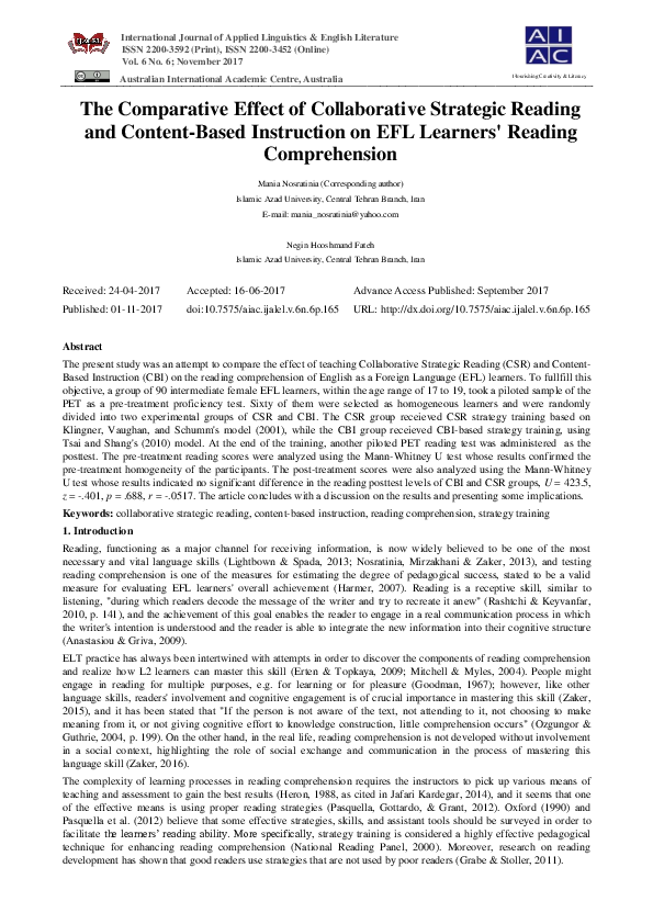 (PDF) Comparing CSR and CBI in EFL Reading Skills