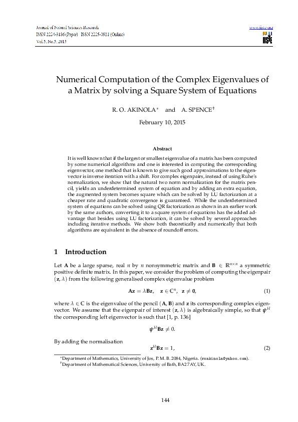 (PDF) Numerical Computation of the Complex Eigenvalues of a Matrix by solving a Square System of ...
