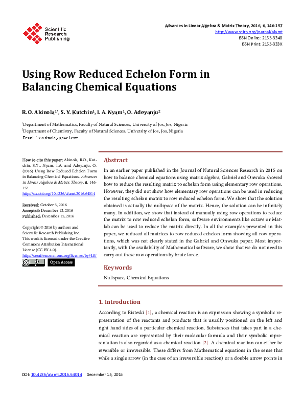 (PDF) Using Row Reduced Echelon Form in Balancing Chemical Equations