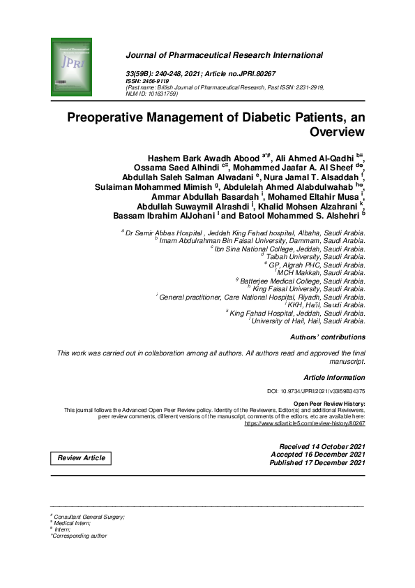 (PDF) Preoperative Management of Diabetic Patients, an Overview