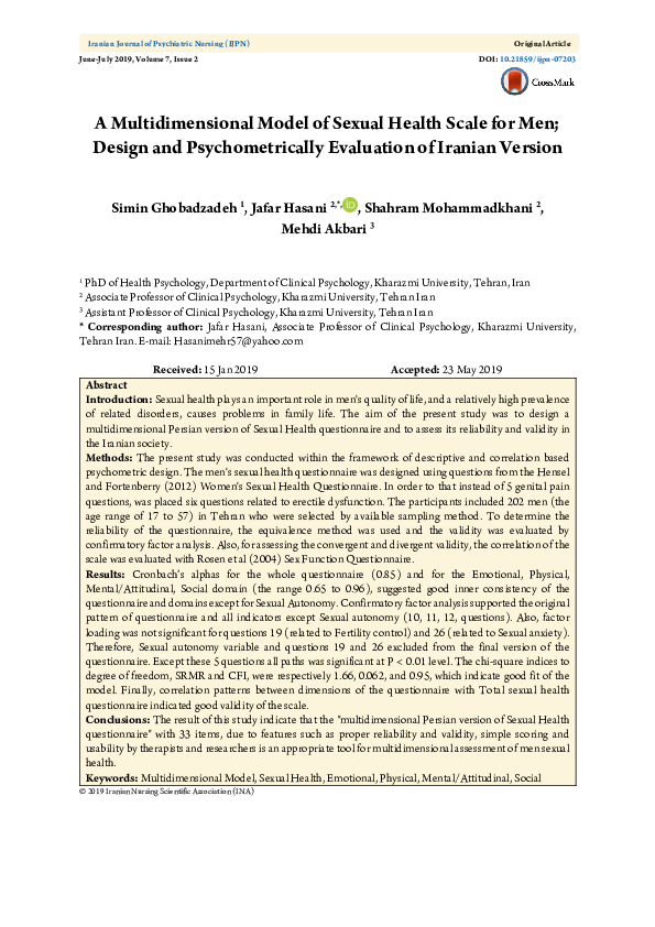 Pdf A Multidimensional Model Of Sexual Health Scale For Men Design And Psychometrically