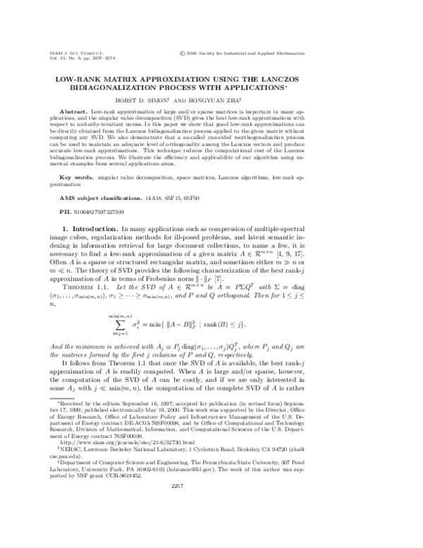 (PDF) Low-Rank Matrix Approximation Using the Lanczos Bidiagonalization Process with ...