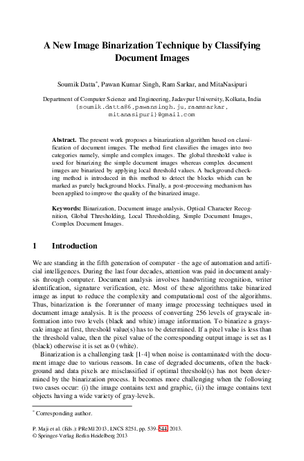 (PDF) A New Image Binarization Technique by Classifying Document Images