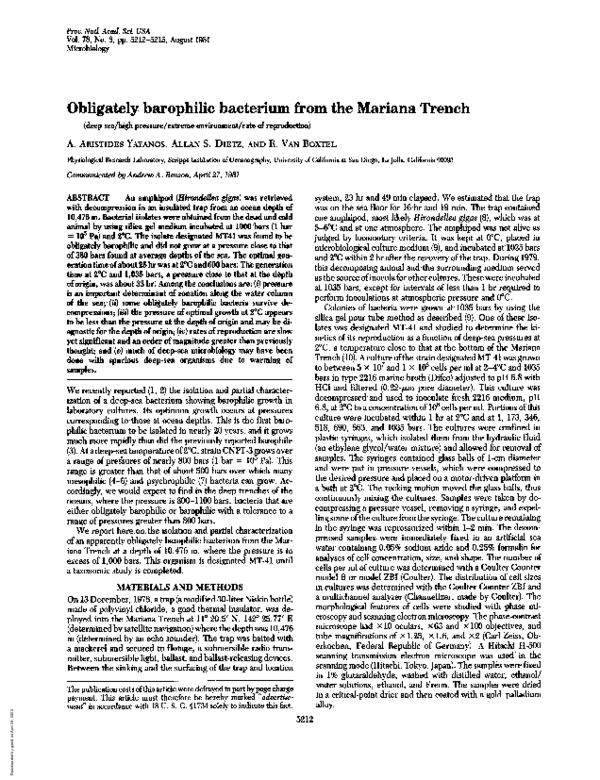 (PDF) Obligately barophilic bacterium from the Mariana trench