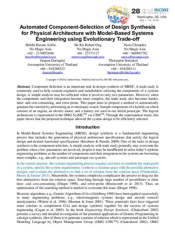 Pdf Automated Component Selection Of Design Synthesis For Physical Architecture With Model