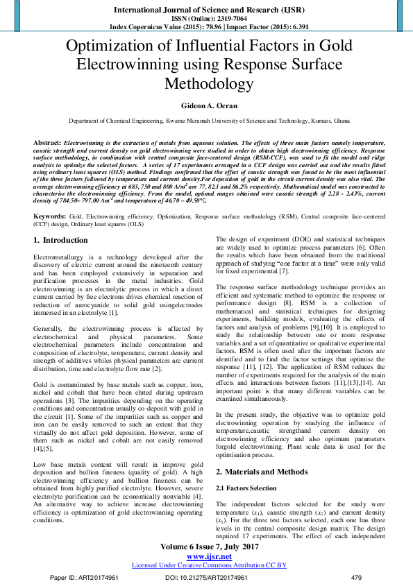 (PDF) Optimization of Influential Factors in Gold Electrowinning using ...