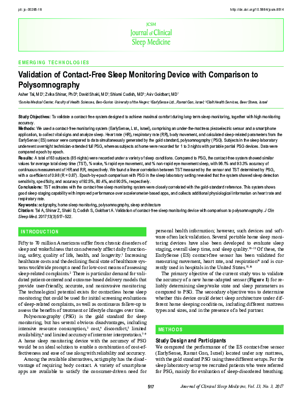 Pdf Validation Of Contact Free Sleep Monitoring Device With Comparison To Polysomnography