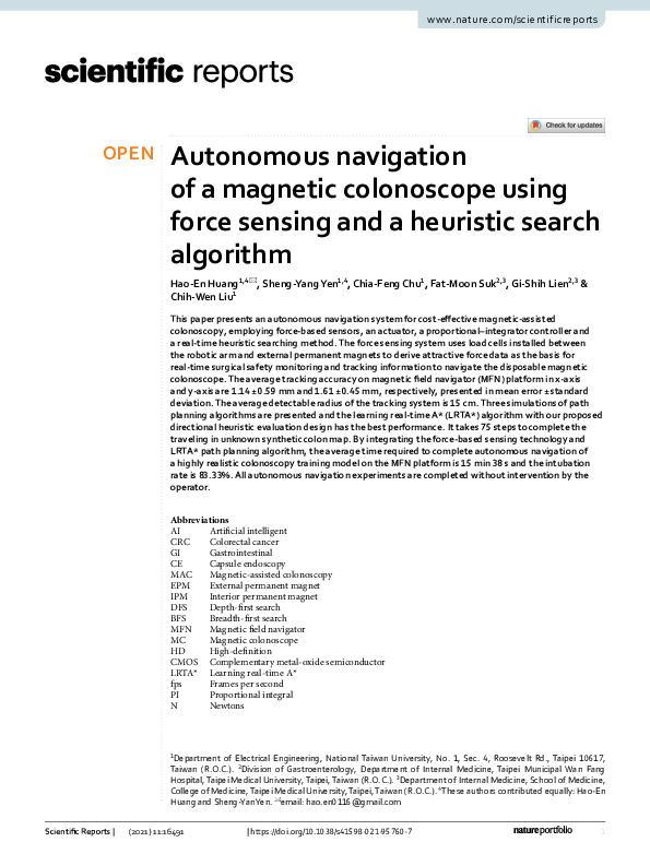 (PDF) Autonomous navigation of a magnetic colonoscope using force sensing and a heuristic search ...