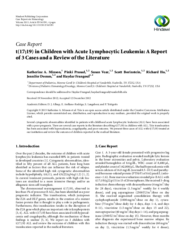 (PDF) t(17;19) in Children with Acute Lymphocytic Leukemia: A Report of ...