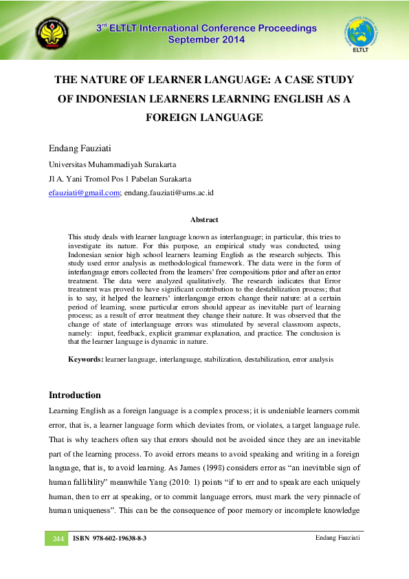 (PDF) The Nature of Learner Language: A Case Study of Indonesian ...