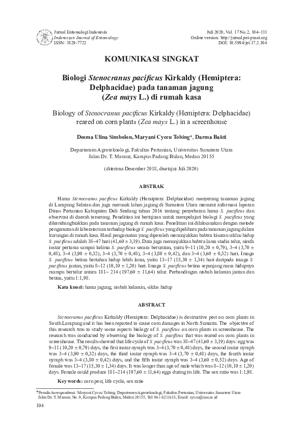 (PDF) Biologi Stenocranus pacificus Kirkaldy (Hemiptera: Delphacidae ...