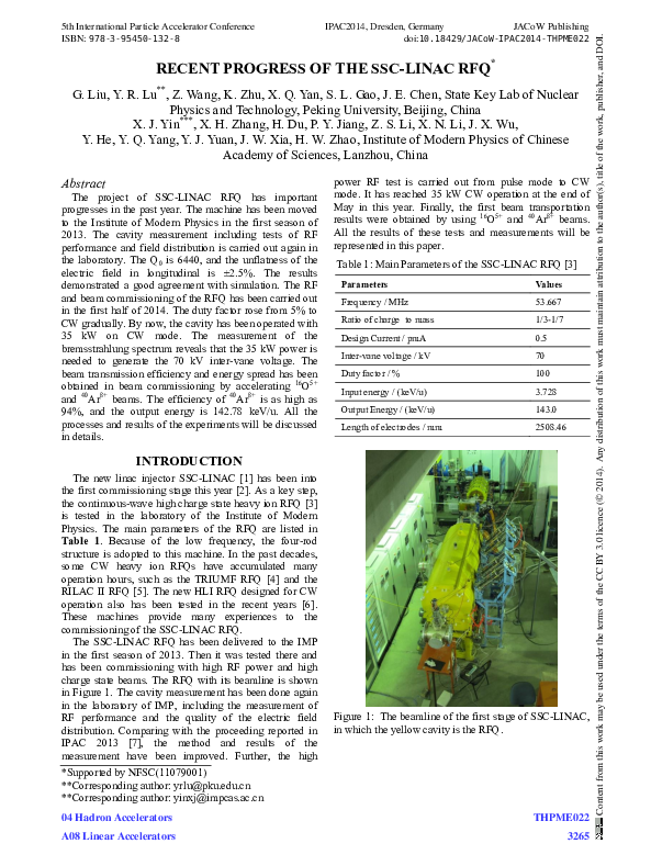 (PDF) Recent Progress of the SSC-LINAC RFQ