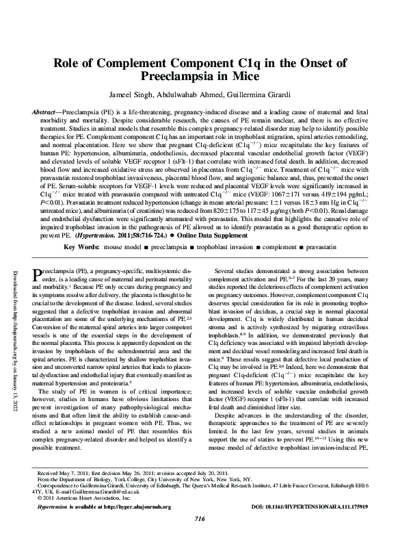 (PDF) Role of complement component C1q in the onset of preeclampsia in ...