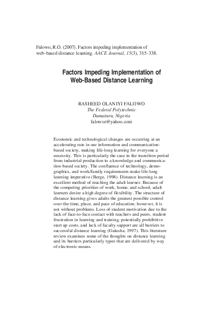 (PDF) Factors Impeding Implementation of Web-Based Distance Learning | ola rash - Academia.edu
