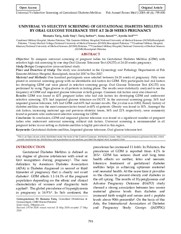 Universal vs Selective Screening of Gestational Diabetes Mellitus by ...