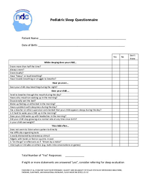 (PDF) Pediatric Sleep Questionnaire