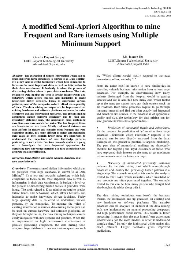 Pdf A Modified Semi Apriori Algorithm To Mine Frequent And Rare