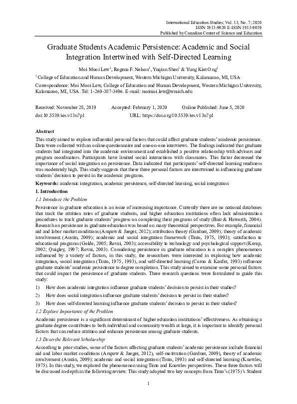 (PDF) Graduate Students Academic Persistence: Academic and Social ...
