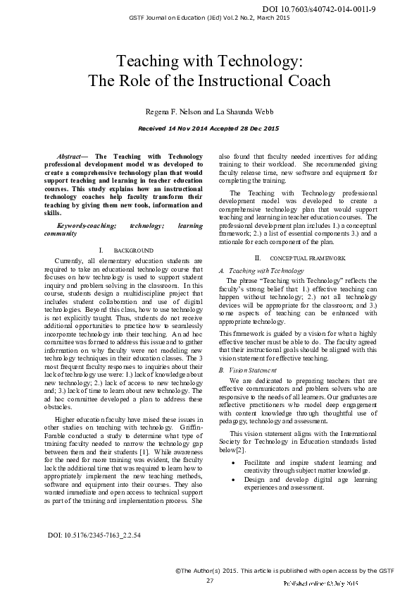 (PDF) Teaching with Technology: The Role of the Instructional Coach