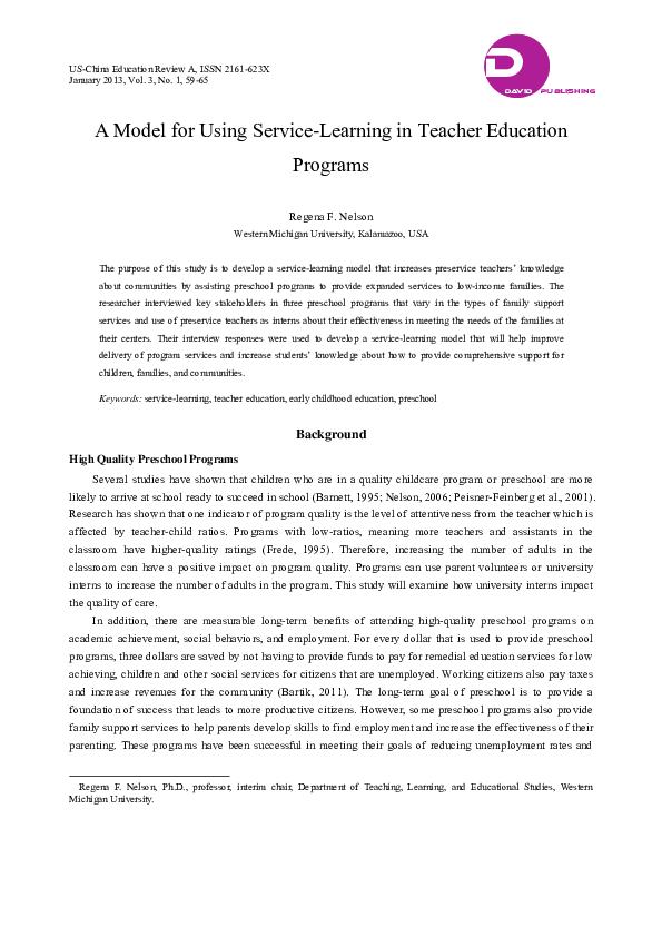 (PDF) A Model for Using Service-Learning in Teacher Education Programs