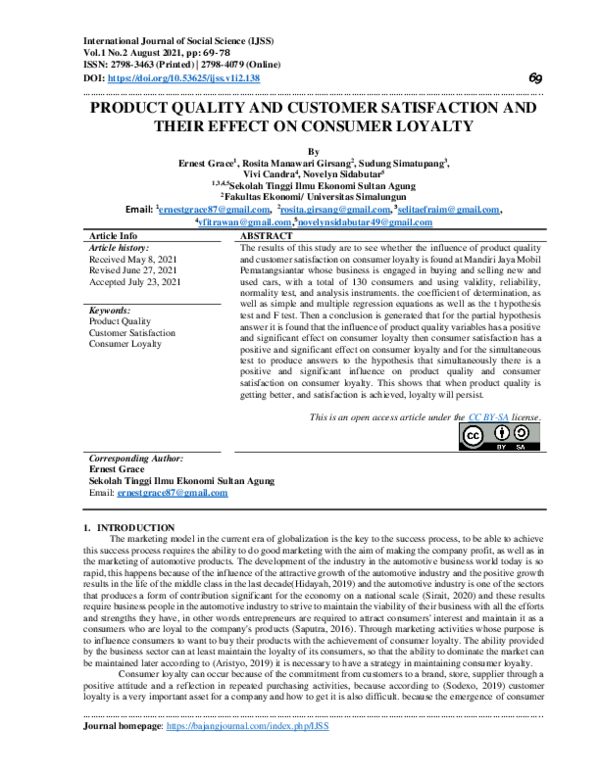 Pdf Product Quality And Customer Satisfaction And Their Effect On