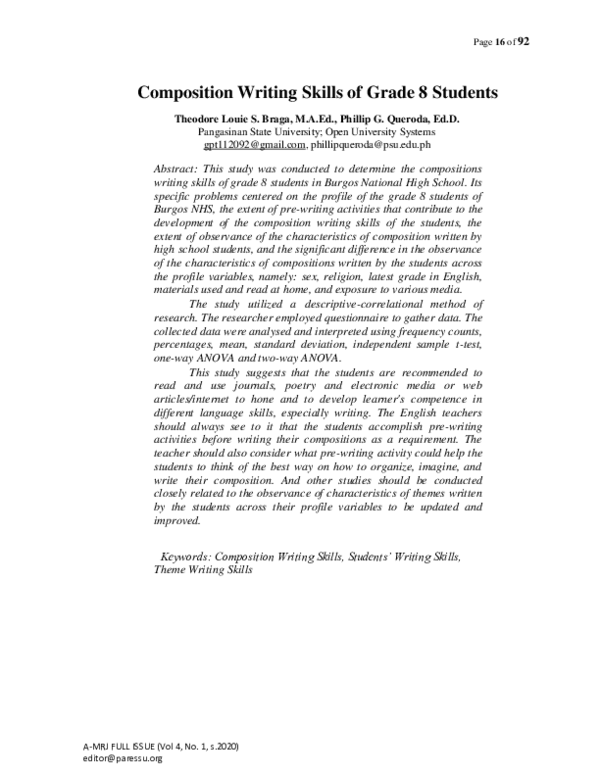 (PDF) Composition Writing Skills of Grade 8 Students