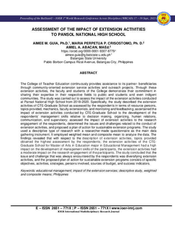 (PDF) Assessment of the Impact of Extension Activities to Pansol ...