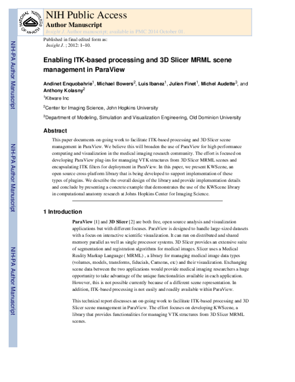 (PDF) Enabling Itkbased Processing and 3D Slicer MRML Scene Management in Paraview
