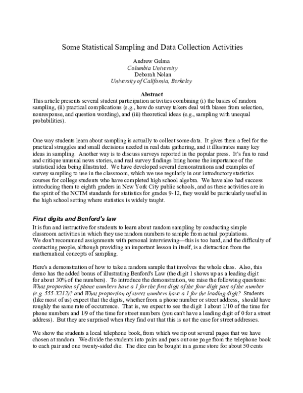 (PDF) Some Statistical Sampling and Data Collection Activities