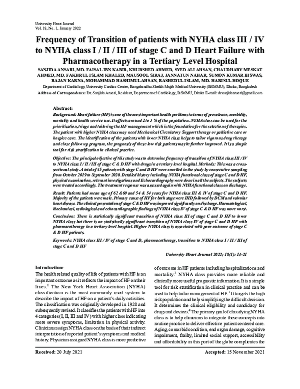 (PDF) Frequency of Transition of patients with NYHA class III / IV to ...