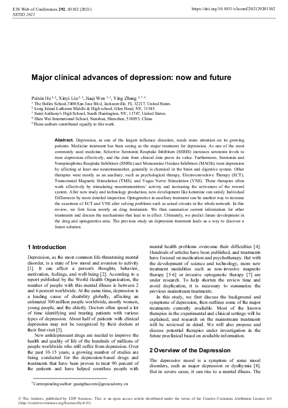 (PDF) Major clinical advances of depression: now and future
