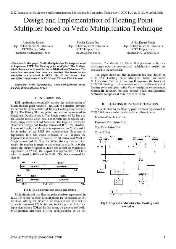 Pdf Design And Implementation Of Floating Point Multiplier Based On Vedic Multiplication Technique