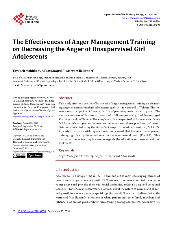 (PDF) Anger Management Training for Adolescent Girls
