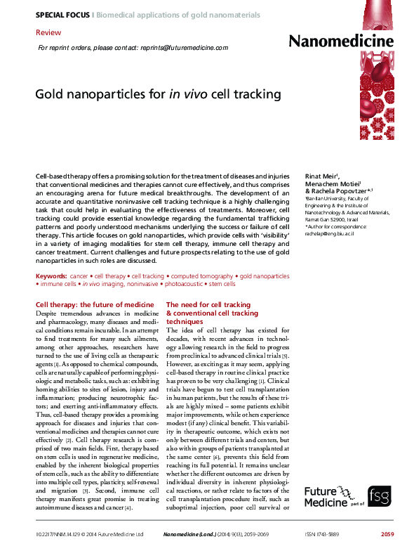 (PDF) Gold nanoparticles for in vivo cell tracking