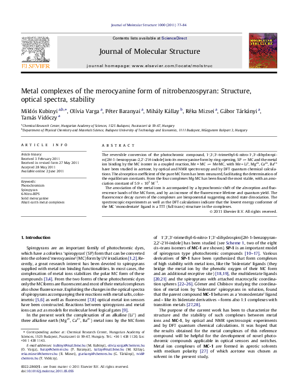(PDF) Metal complexes of the merocyanine form of nitrobenzospyran ...