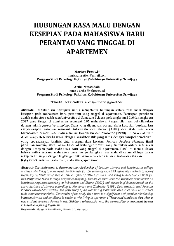 (PDF) Hubungan Rasa Malu Dengan Kesepian Pada Mahasiswa Baru Perantau Yang Tinggal DI Apartemen