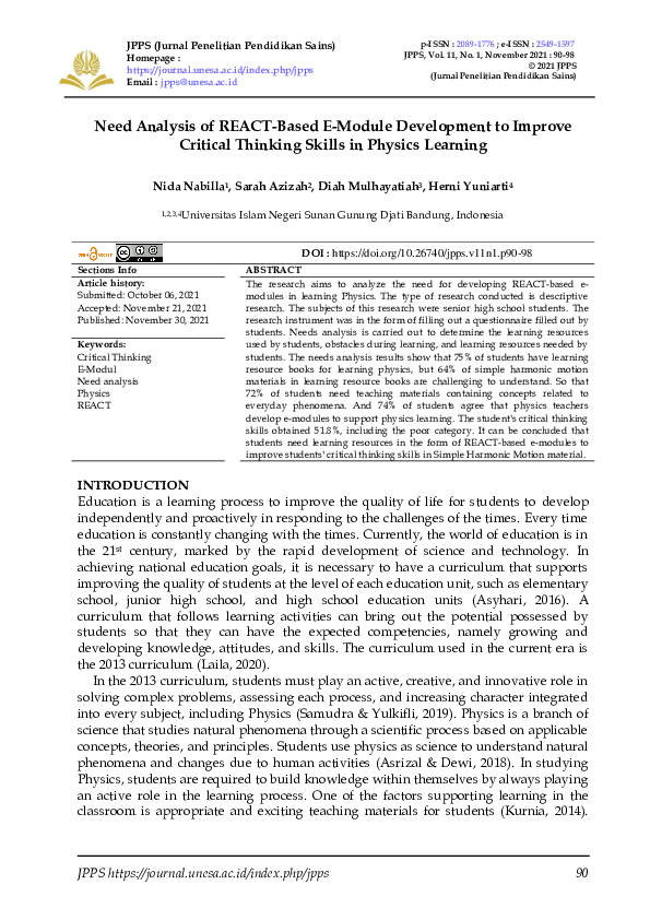 (PDF) Analisis Kebutuhan Pengembangan E-Modul Berbasis REACT dalam ...