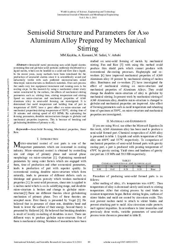 (PDF) Semisolid Structure and Parameters for A360 Aluminum Alloy ...