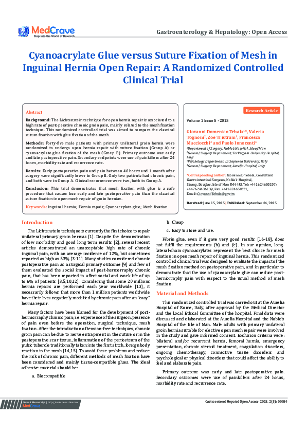 (PDF) Cyanoacrylate Glue versus Suture Fixation of Mesh in Inguinal Hernia Open Repair: A ...
