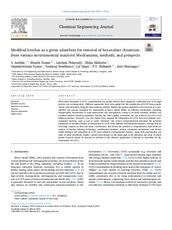 (PDF) Modified biochar as a green adsorbent for removal of hexavalent ...