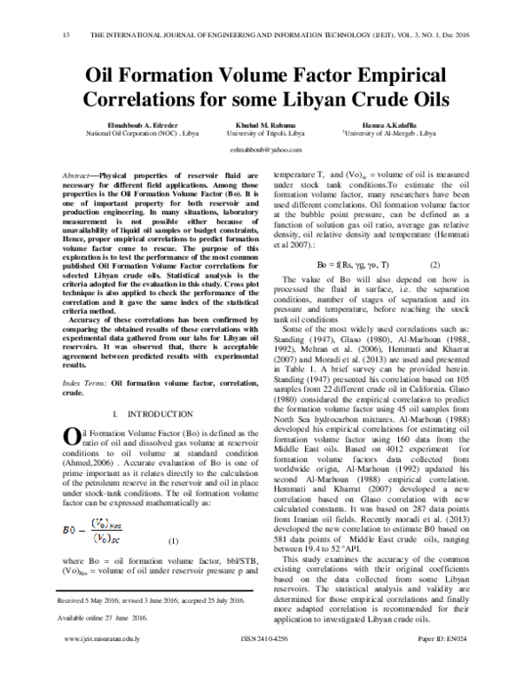 (PDF) Oil Formation Volume Factor Empirical Correlations for some ...