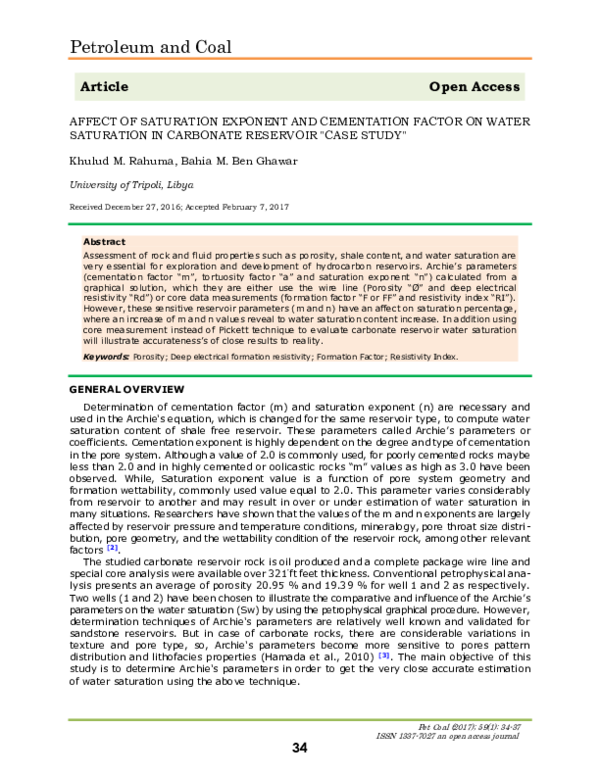 (PDF) Article Open Access AFFECT OF SATURATION EXPONENT AND CEMENTATION ...