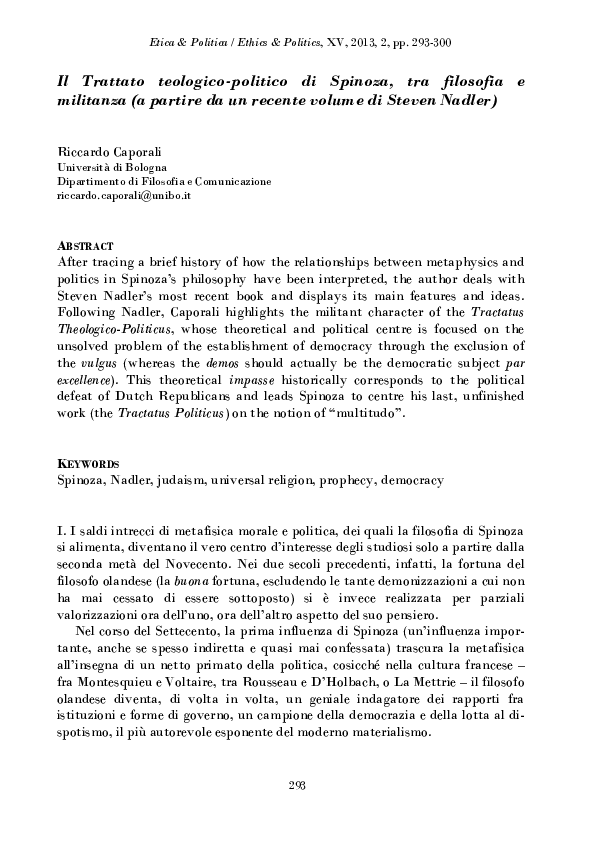 (PDF) Il Trattato teologico-politico di Spinoza, tra filosofia e ...