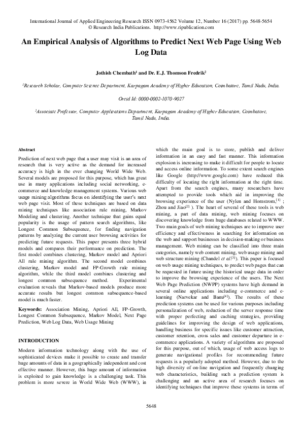 (PDF) An Empirical Analysis of Algorithms to Predict Next Web Page ...