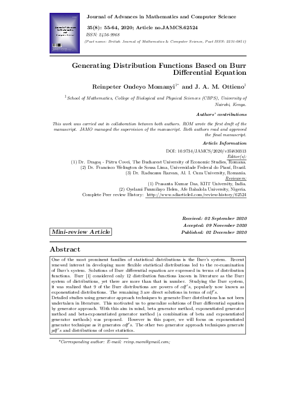 (PDF) Generating Distribution Functions Based on Burr Differential Equation