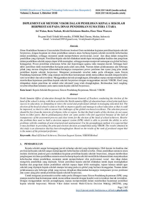 (PDF) Implementasi Metode Vikor Dalam Pemilihan Kepala Sekolah Berprestasi Pada Dinas Pendidikan ...